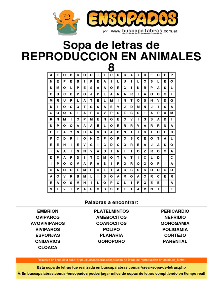Sopa de Letras de Reproduccion en Animales - 8 | PDF
