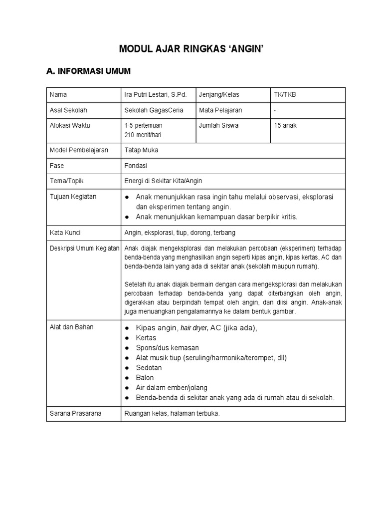 Modul Ajar Ringkas - Angin Dan Cahaya - Docx - Google Dokumen-Dikonversi | PDF