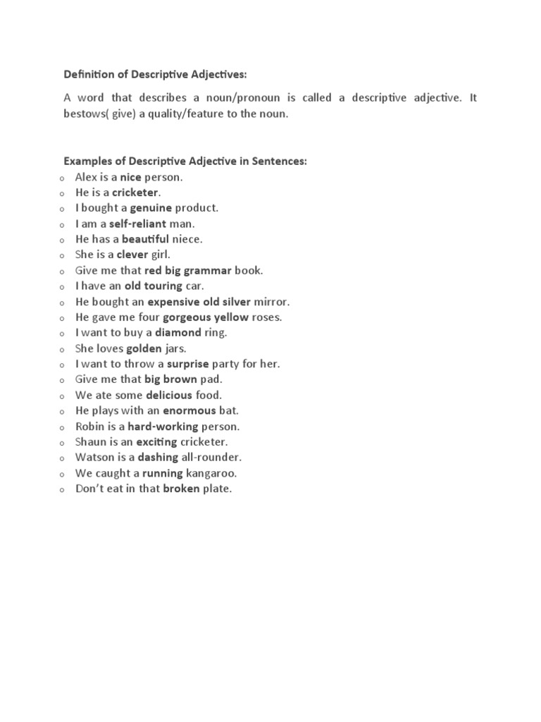 Descriptive Adjectives - Exercise | PDF | Adjective | English Language