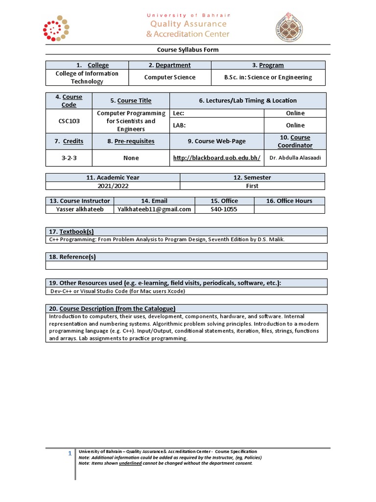 CSC103 Outline 1st 2021-2022 | PDF | Subroutine | Parameter (Computer Programming)