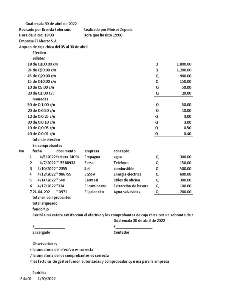 Ejercicio 2 de Arqueo de Caja Chica | PDF