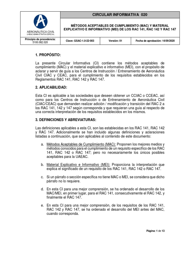 Circulares Informativas - CI 5100-082-020 METODOS RAC 141 MODELO LISTA CUMPLIMIENTO | PDF