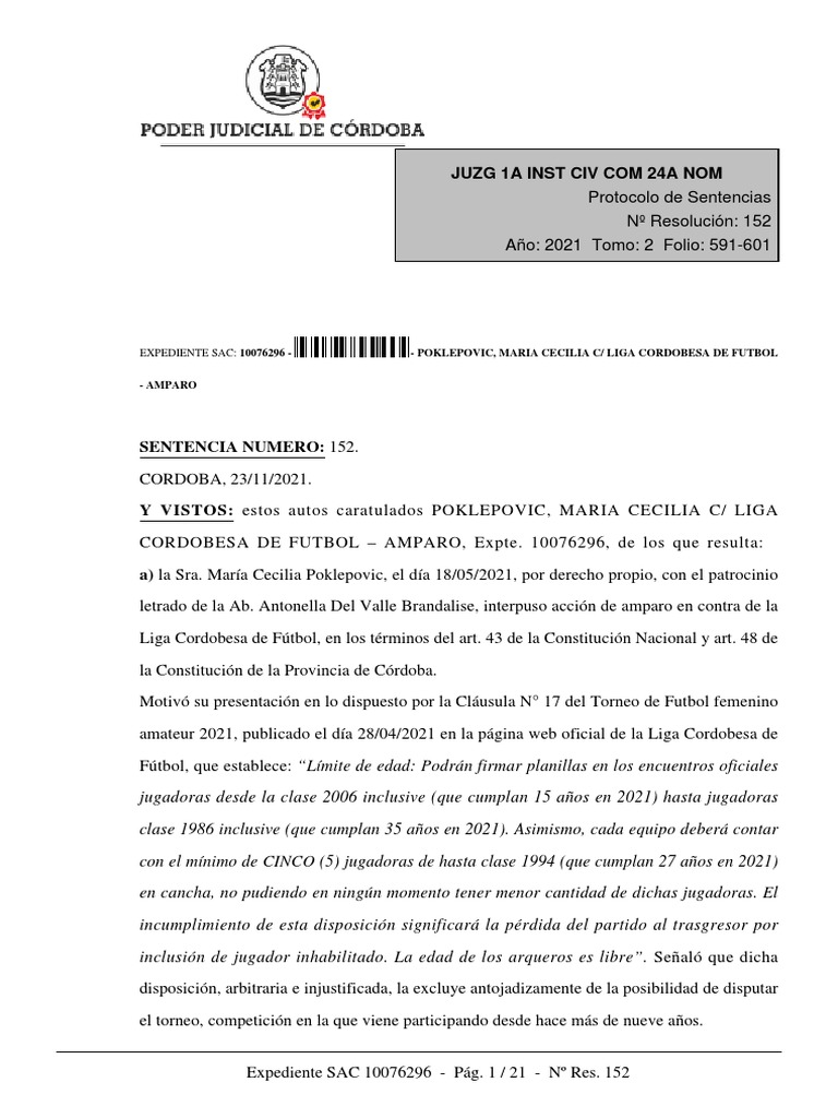 Amparo. Mujer Futbolista. Limite Etario. Discriminacion | PDF ...