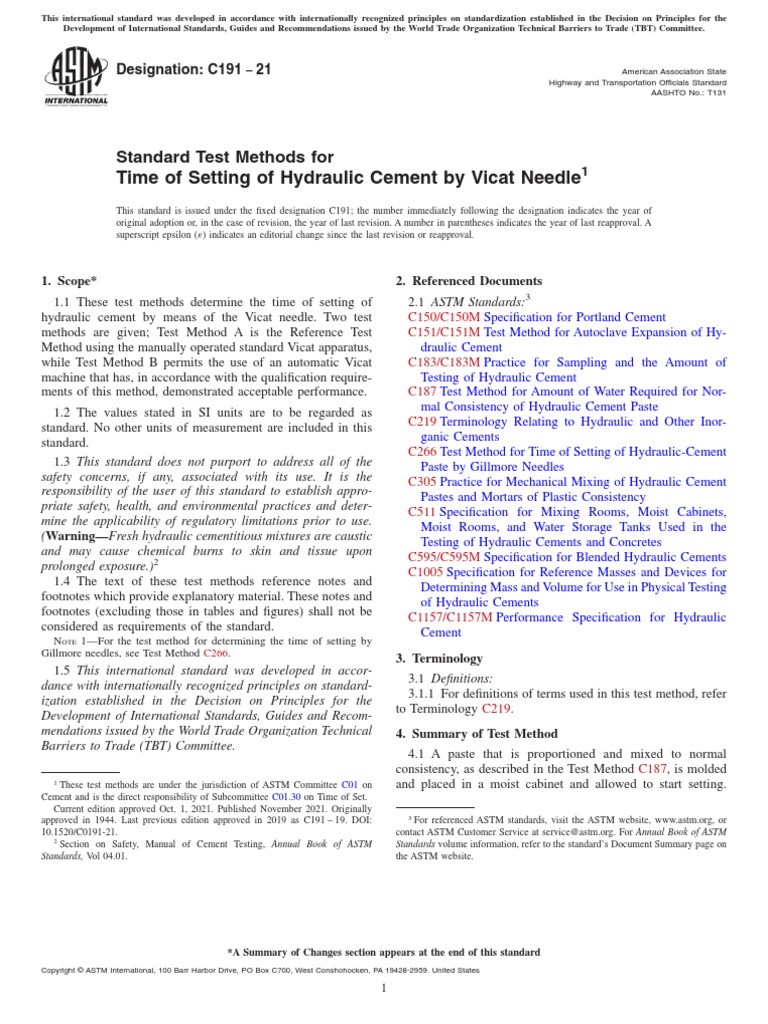 C191 Setting Time | PDF | Cement | Concrete