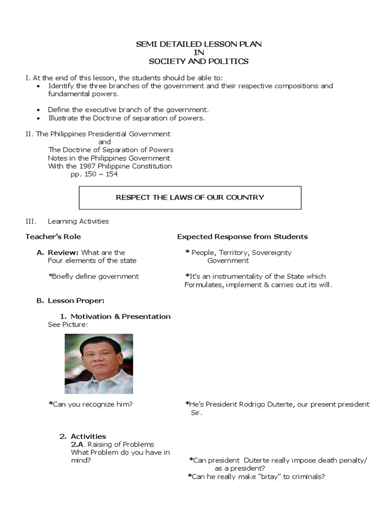 Semi Detailed Lesson Plan | PDF | Separation Of Powers | Judiciaries