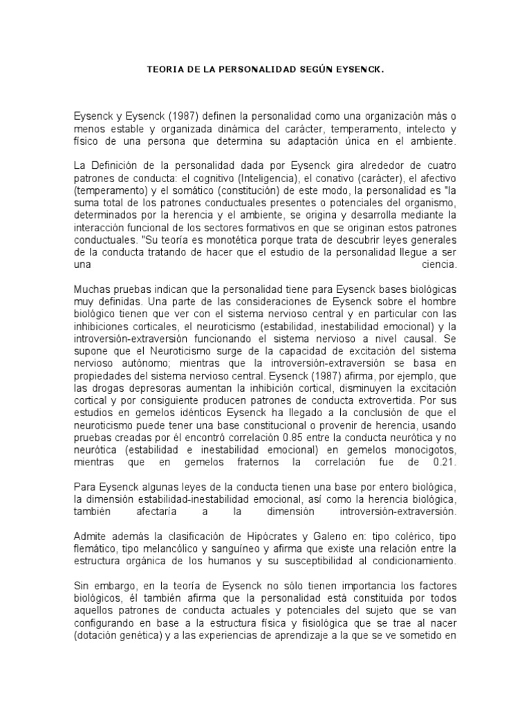 Teoria de La Personalidad Según Eysenck | PDF | Psicología de la ...