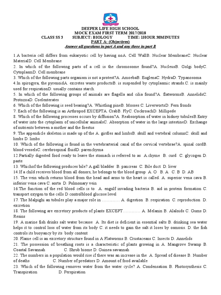 SS3 Biology Mock Exam 2017/2018 | PDF | Photosynthesis | Foods