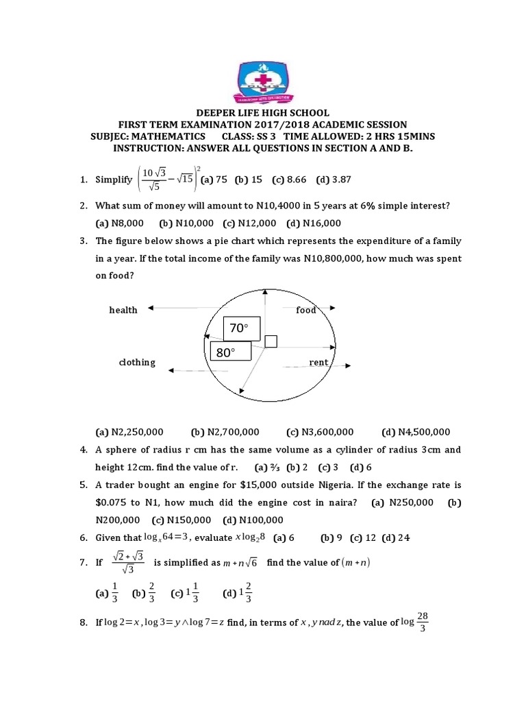 Ss 3 Mathematics First Term Exam Pdf Logarithm Latitude