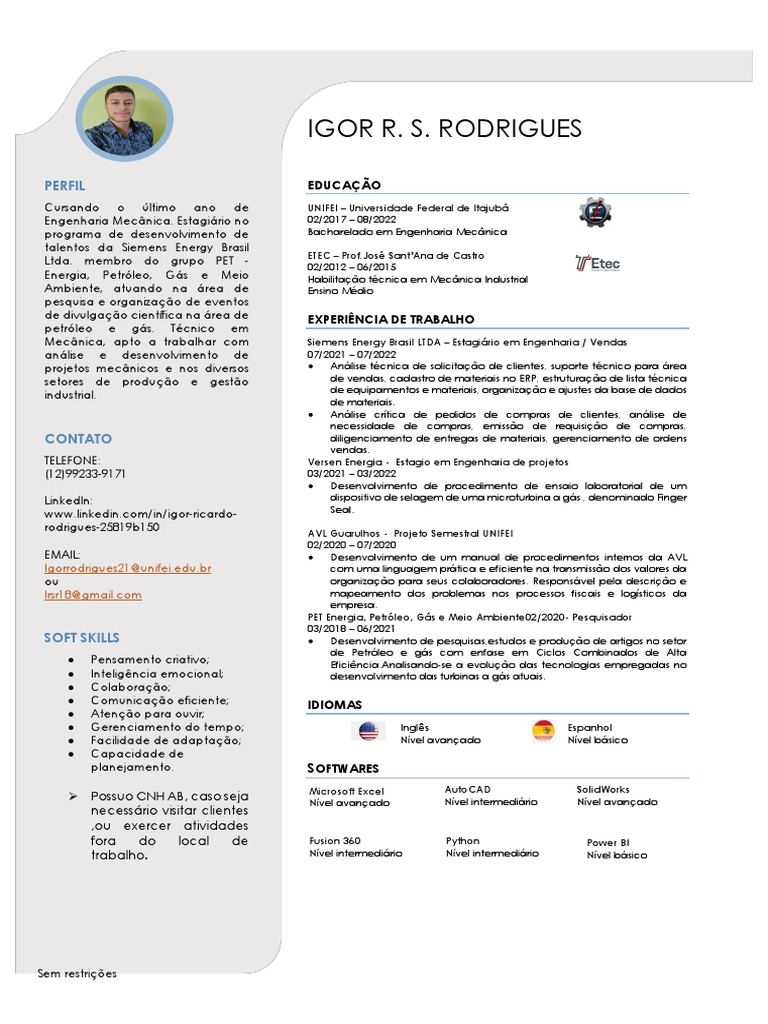 Igor Rodrigues CV | PDF | Engenharia | Engenharia Mecânica
