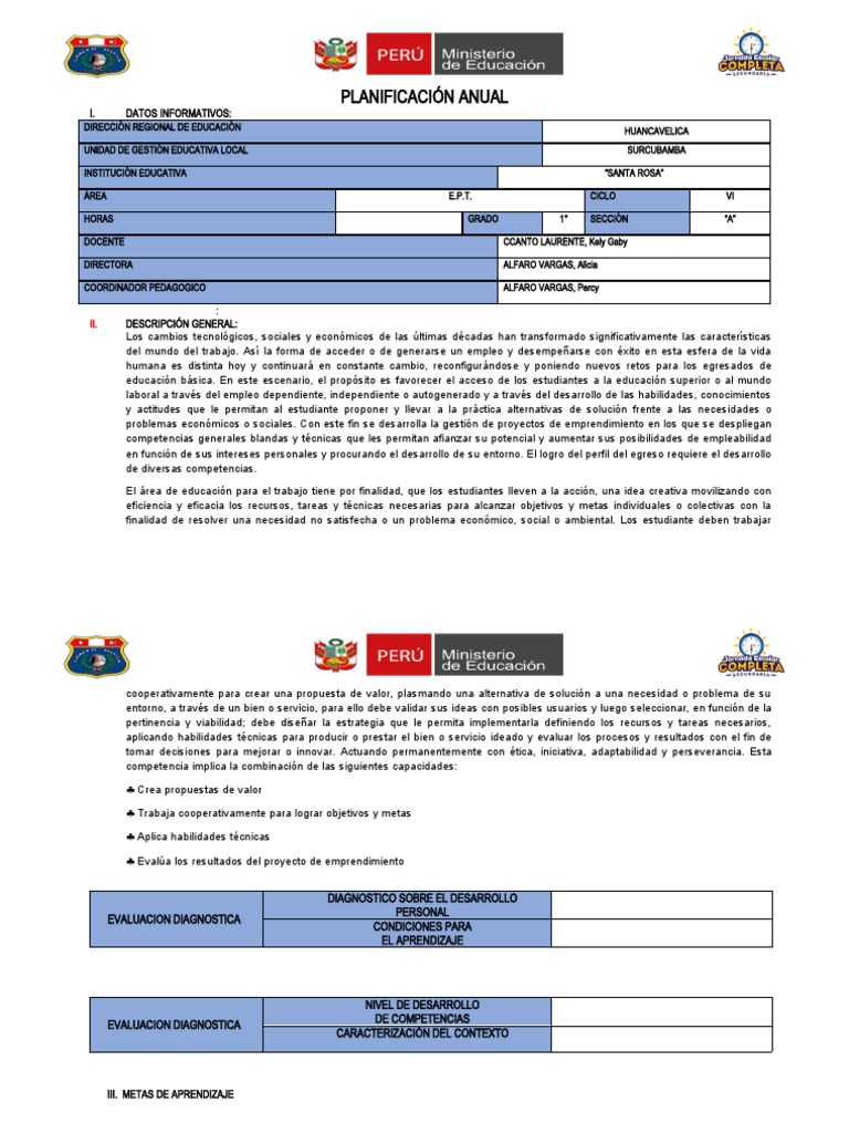 Planificacion Anual Ept 1° | PDF | Evaluación | Aprendizaje