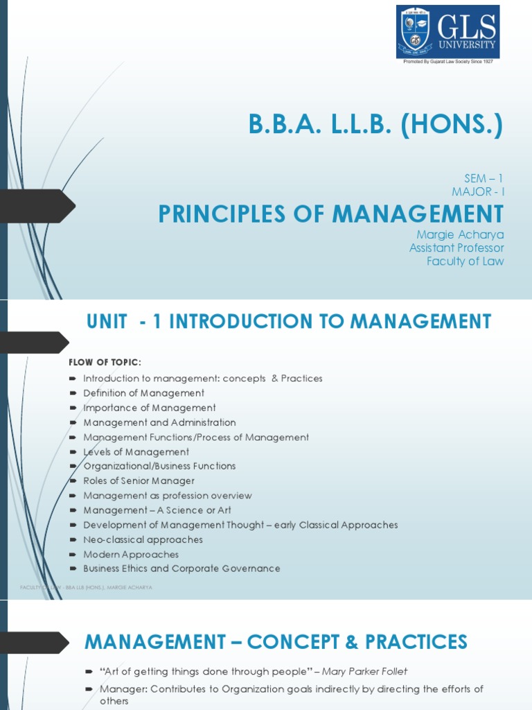 Principles of Management - PPT - Unit 1 - BBA LLB Hons - Major 1 | PDF | Business | Economies