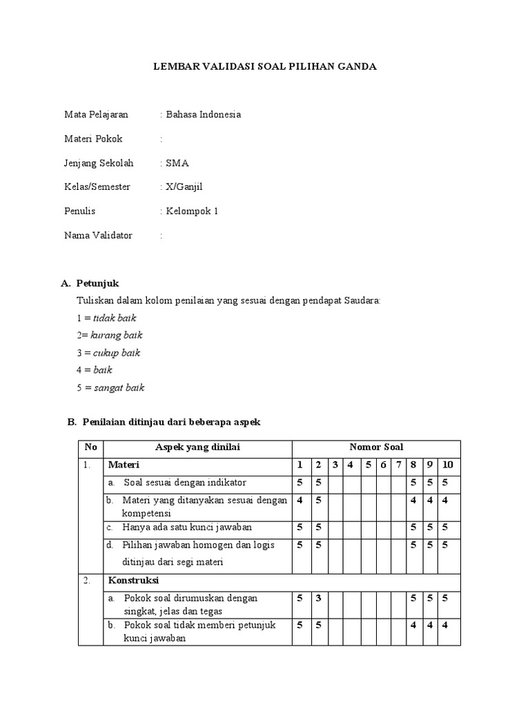 Lembar Validasi Soal Pilihan Ganda Pdf