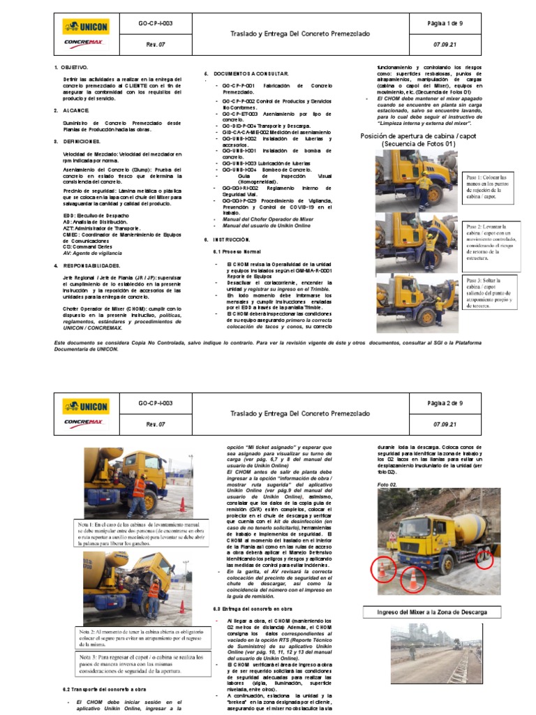 GO-CP-I-003 Traslado y Entrega Del Concreto Premezclado Rev.07 | PDF | Hormigón