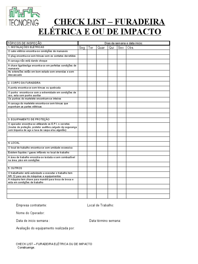 Checklist Furadeira Elétrica Ou de Impacto Tecnoeng 2022 | PDF ...