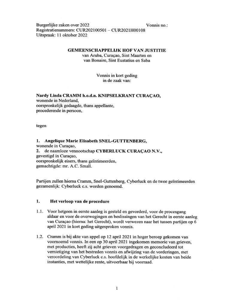2022 10 11 - VONNIS HOGER BEROEP CUR2021H00108 Cramm-Knipselkrant Vs Cyberluck-Snel-Guttenberg ...