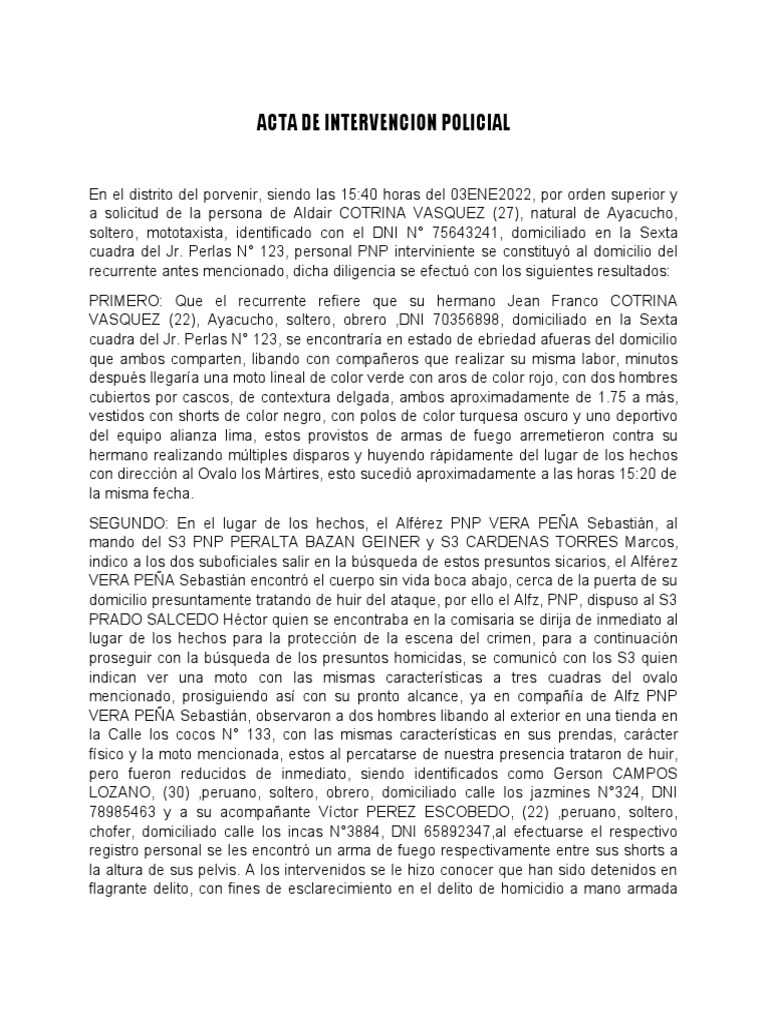 Acta de Intervencion Policial Documentacion | PDF