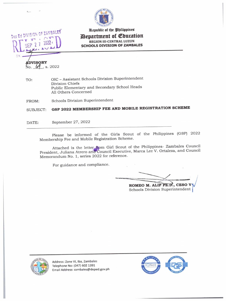 Advisory No. 69, S. 2022 - GSP Membership Fee and Mobile Registration ...