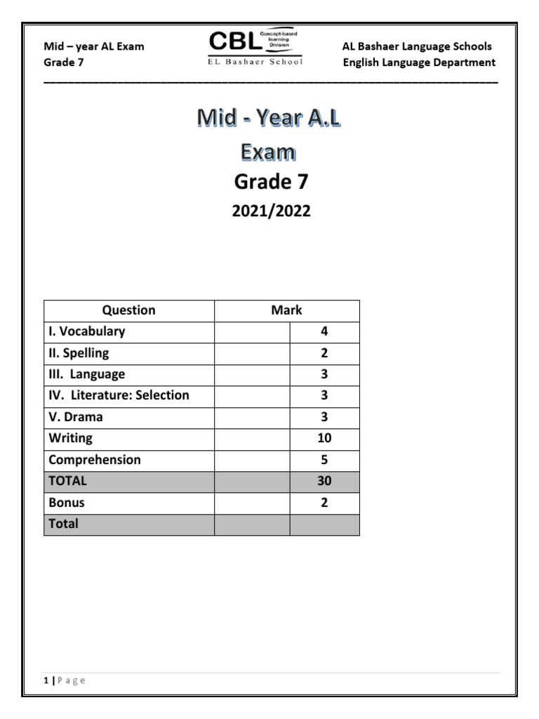 Grade 7 Mid Year Exam | PDF