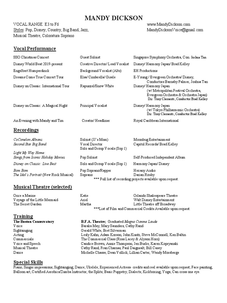 Mandy Dickson - Vocal Resume | PDF | Orchestras | Singing