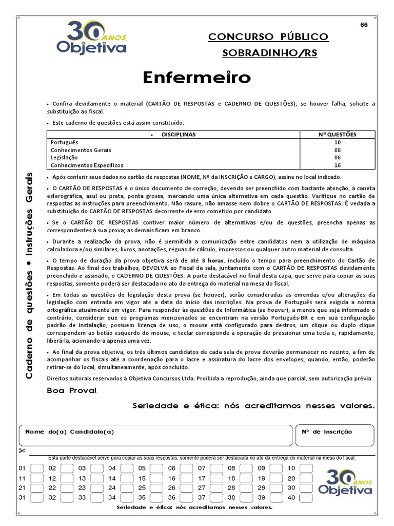 Prova Concurso Enfermeiro Sobradinho 2022 Objetiva Concursos | PDF