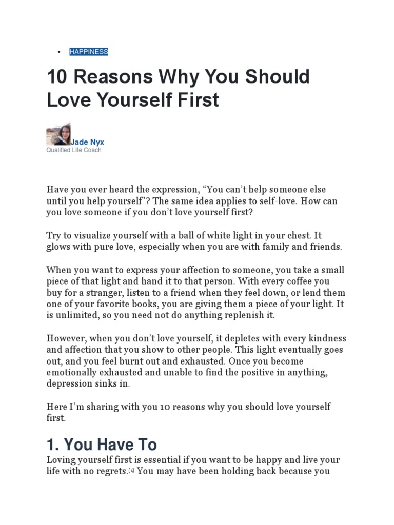 10 Reasons Why You Should Love Yourself First | PDF | Self Esteem 10 Reasons Why You Should Love Yourself First | PDF | Self Esteem