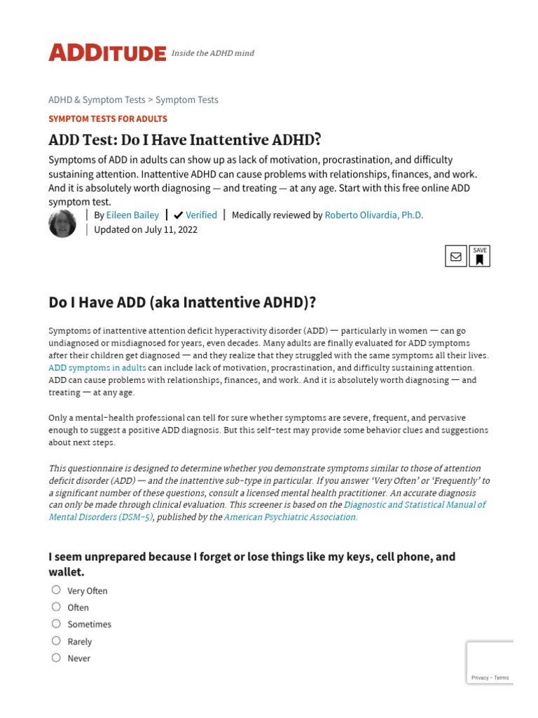 ADD Test - Do I Have Inattentive ADHD - Symptoms in Adults | PDF ...
