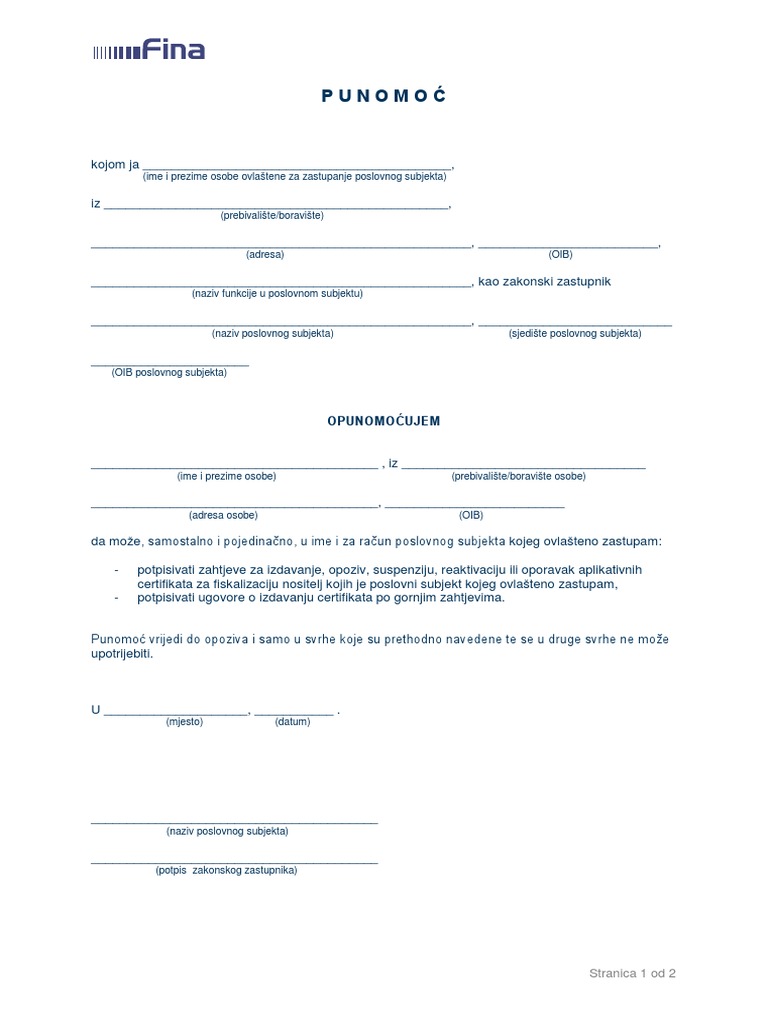 Punomoc Za Potpisivanje Zahtjeva I Ugovora - Fiskalizacija 01.12.2014 | PDF