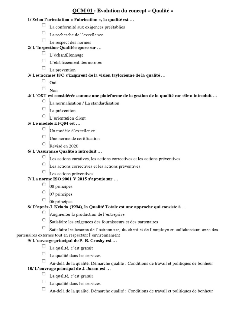 QCM sur l'Évolution de la Qualité | PDF | Management de la qualité ...