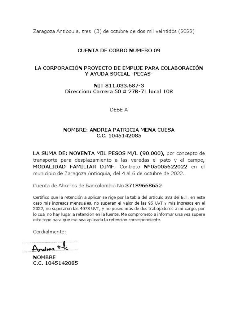 Cuenta de Cobro (1) Octubre Andrea Mena | PDF