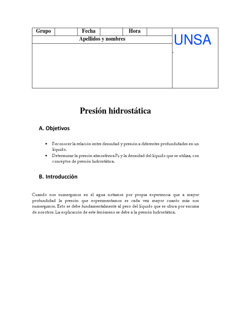 Lab 2 - Presion Hidrostatica | PDF | Presión | Medida de presión