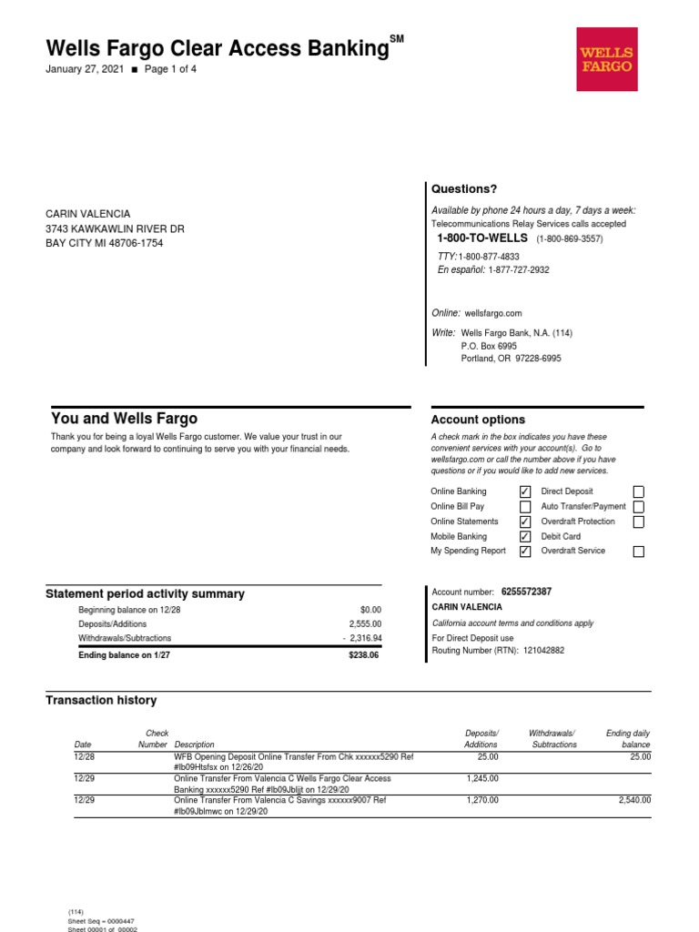 Wells Fargo Clear Access Banking | PDF | Overdraft | Banks