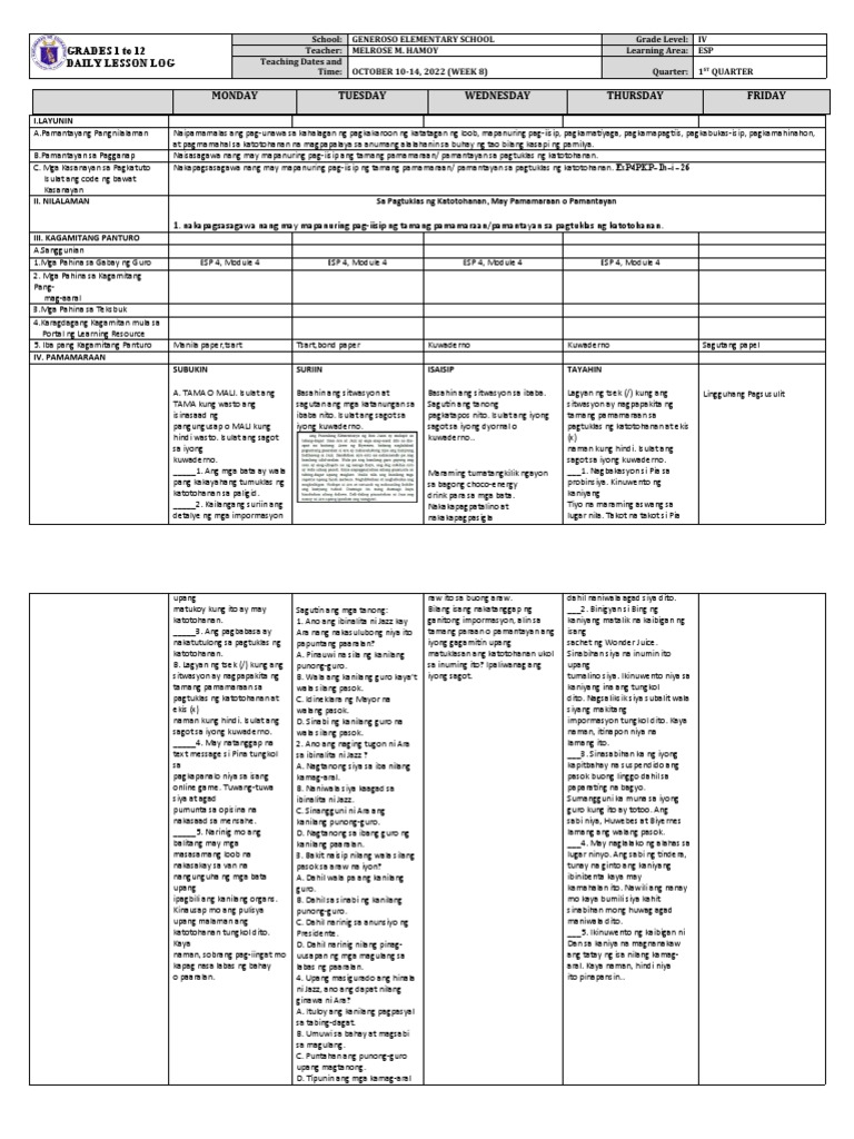 DLL - Esp 4 - Q1 - W8 | PDF