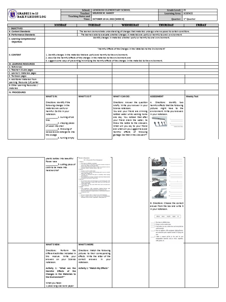 DLL - Science 4 - Q1 - W8 | PDF | Waste | Learning