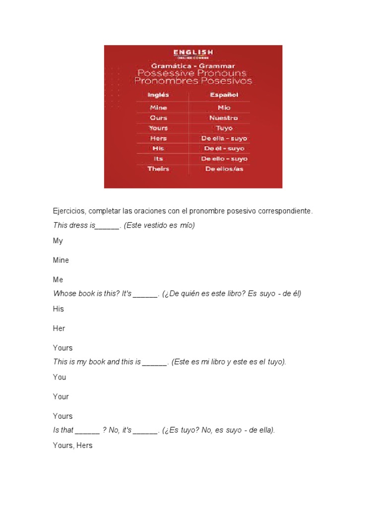 Ejercicios PRONOMBRES POSESIVOS | PDF