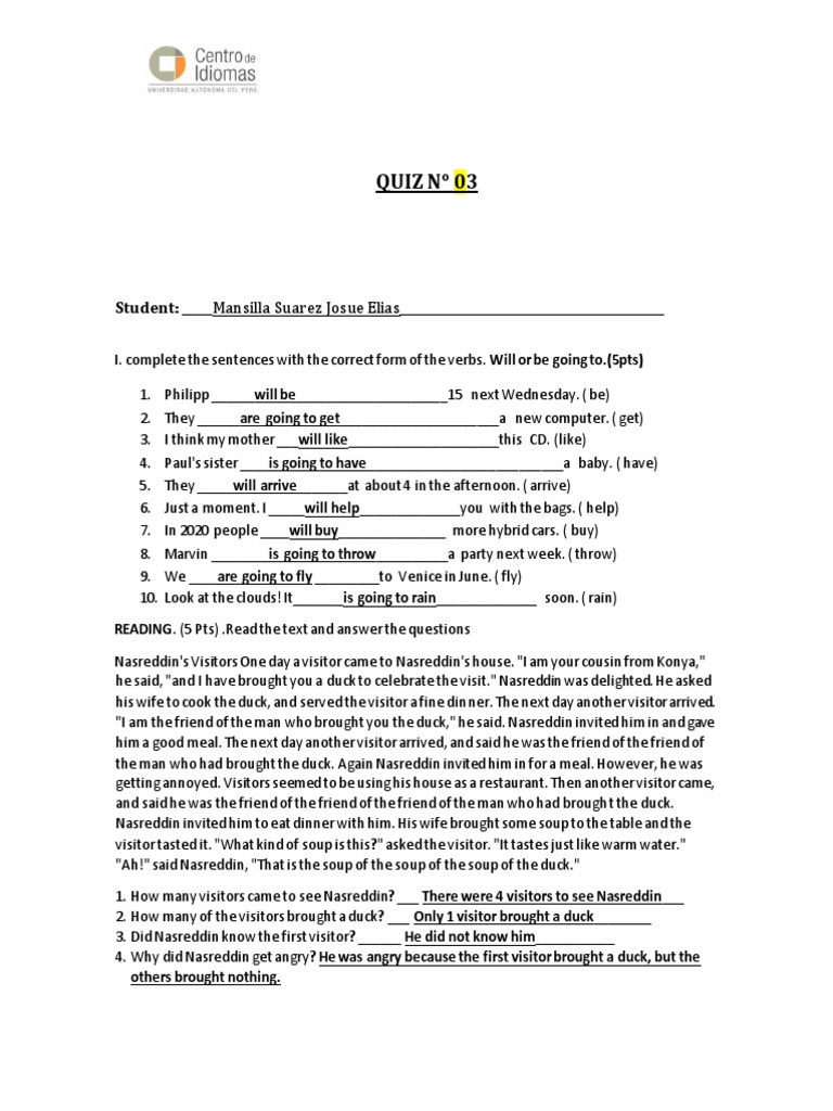 Quiz on Future Tense and Reading Comprehension | PDF | Self-Improvement