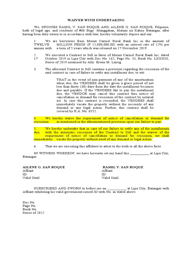 AFFIDAVIT OF UNDERTAKING-Edit | PDF | Affidavit | Law Of Obligations