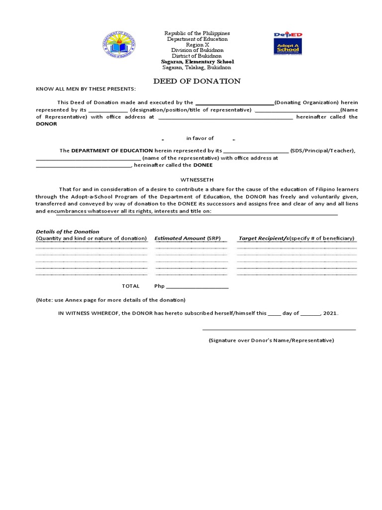 Deed of Donation for Education in Bukidnon | PDF | Deed | Environmental Law