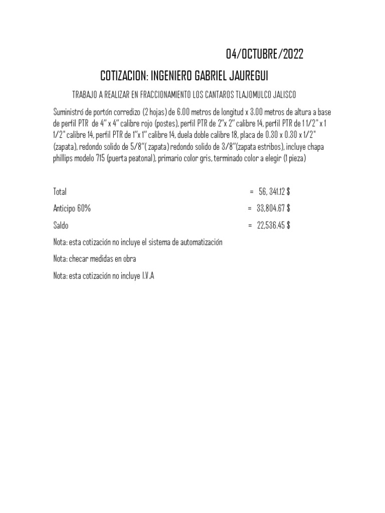 Cotizacion Ing Gabriel Jauregui | PDF