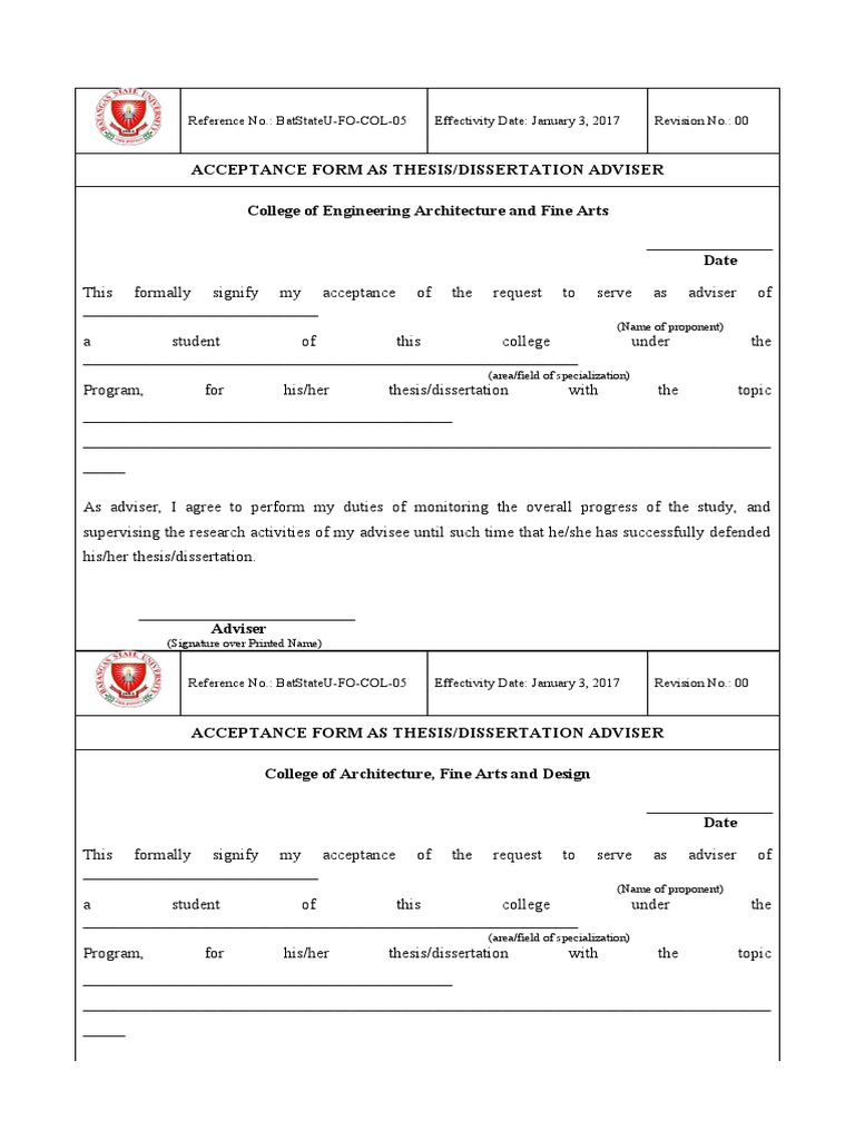 BatStateU FO COL 05 - Acceptance Form Thesis Dissertation Adviser | PDF | Thesis | Science