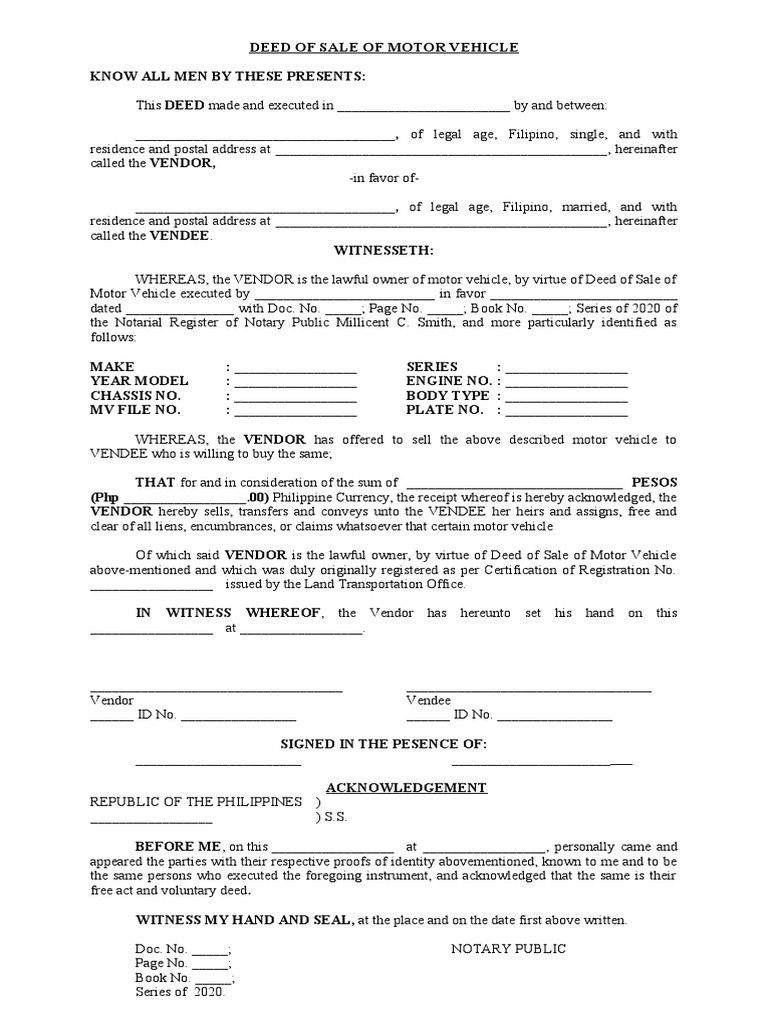 Deed of Sale of Motor Vehicle Blank Form | PDF | Deed | Civil Law ...
