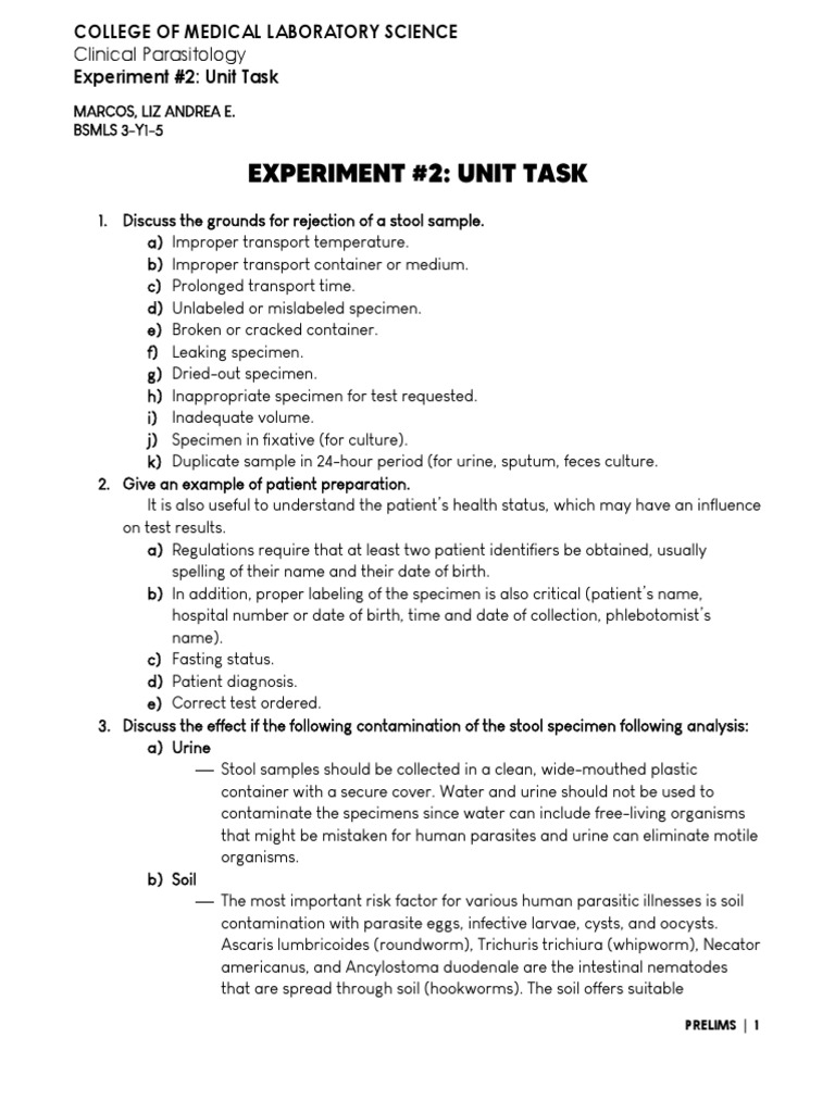 Experiment #2 - Unit Task | PDF | Feces | Parasitism