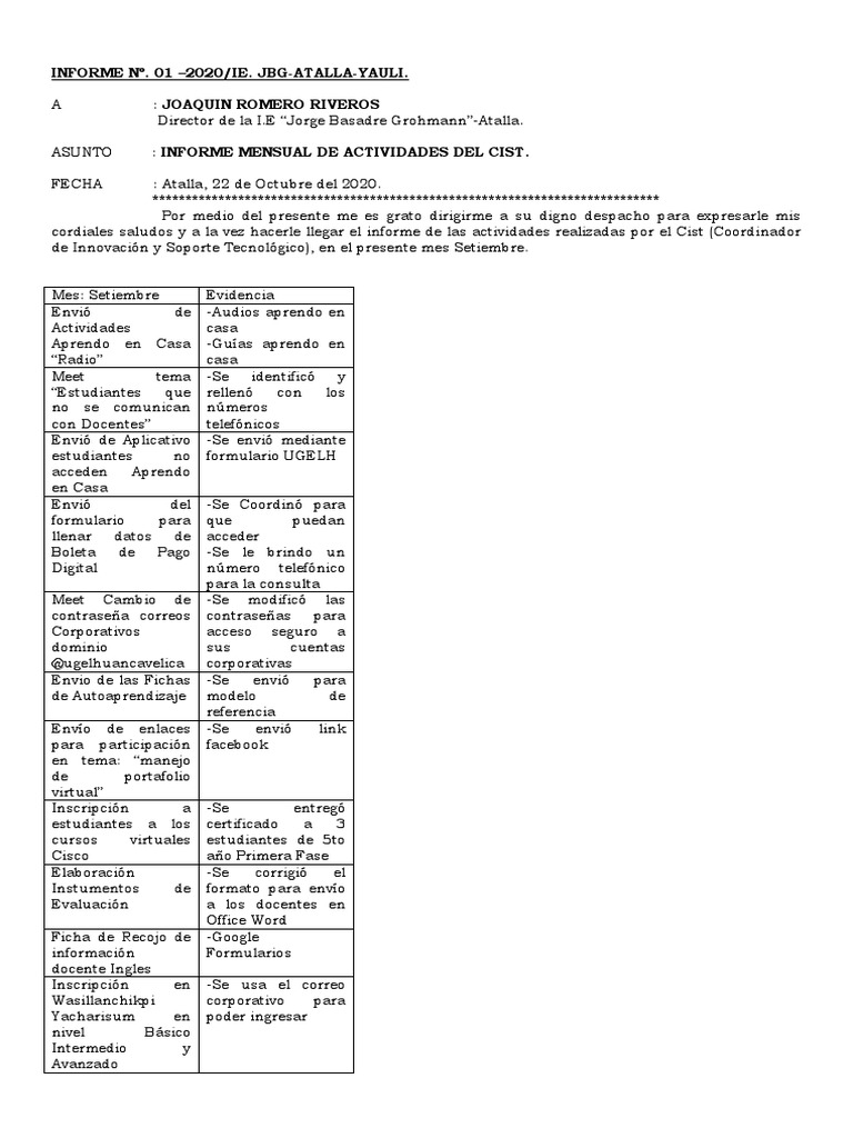 INFORME CIST ATALLA - Setiembre | PDF | Informática | Comunicación