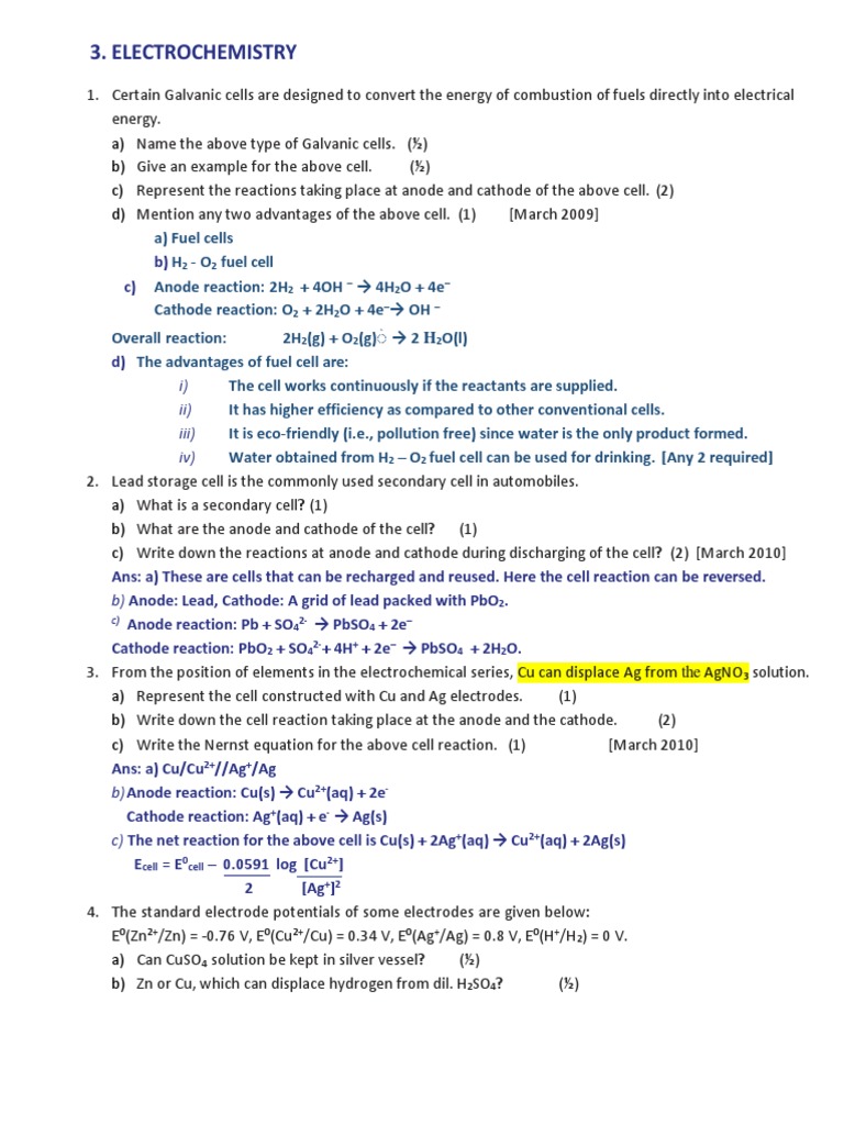 Eletrochemistry Previous Qns With Answers | PDF | Electrochemistry | Electrode