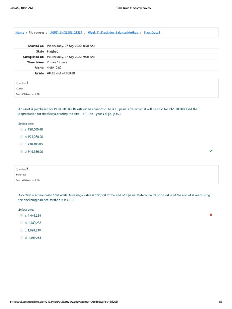 Engineering Economics Final Quiz 1 Attempt 2 | PDF