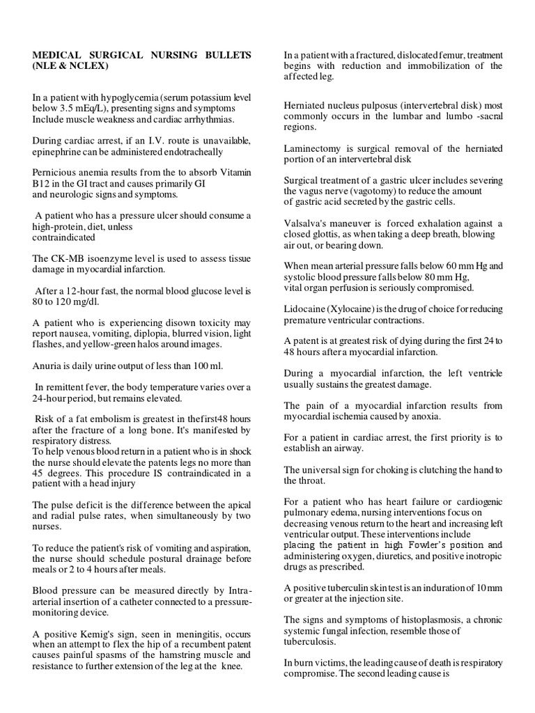 Medical Surgical Nursing Bullets (Nle & Nclex) | PDF | Myocardial ...