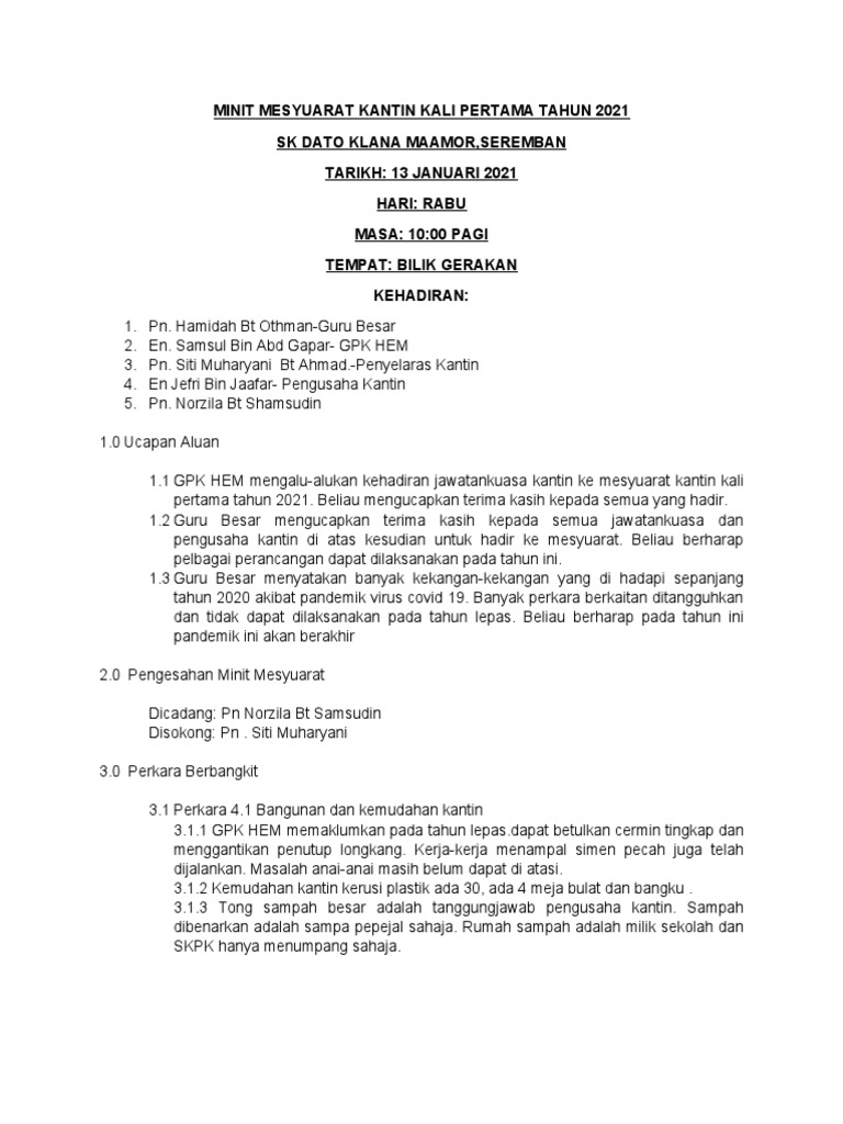 Minit Mesyuarat Kantin Kali Pertama Tahun 2021 | PDF