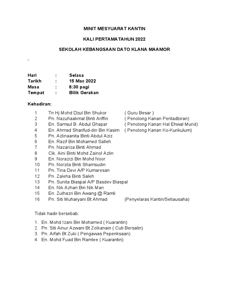 Minit Mesyuarat Kantin Pertama 2022 | PDF