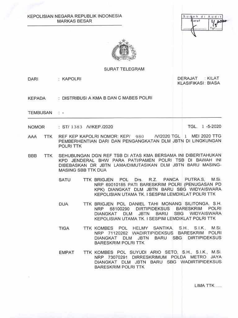 ST 1383 V Kep. 2020 Mutasi Polri | PDF