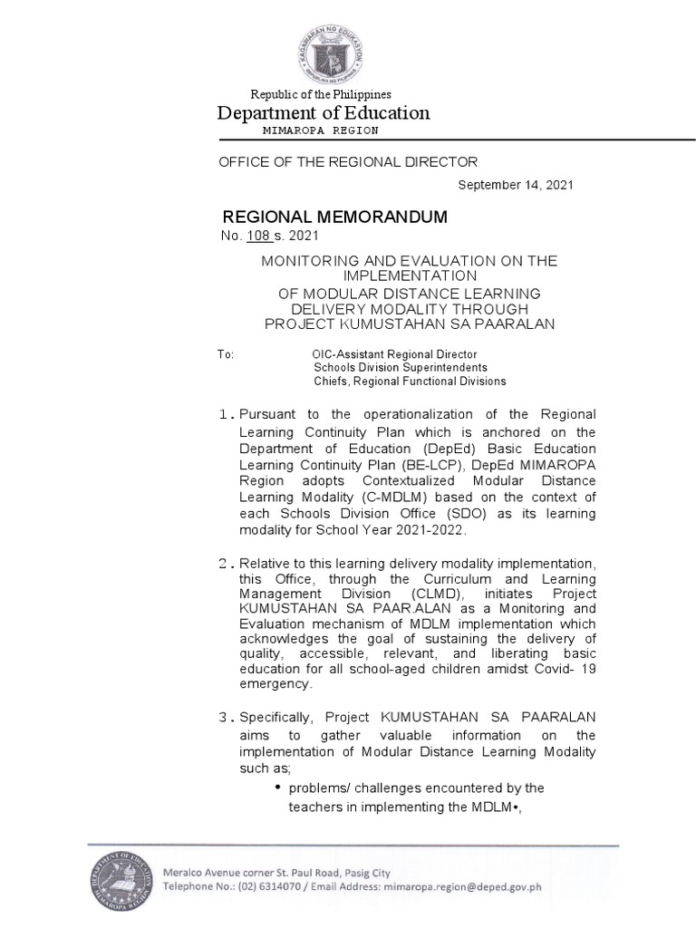 DepEd MIMAROPA Region Announces Monitoring of Modular Learning | PDF ...