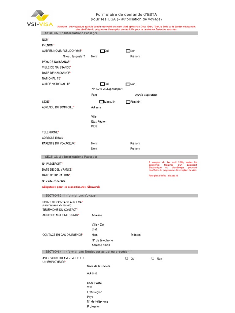 Formulaire Esta Usa 2 | Descargar gratis PDF | Passeport | Visa (Document)